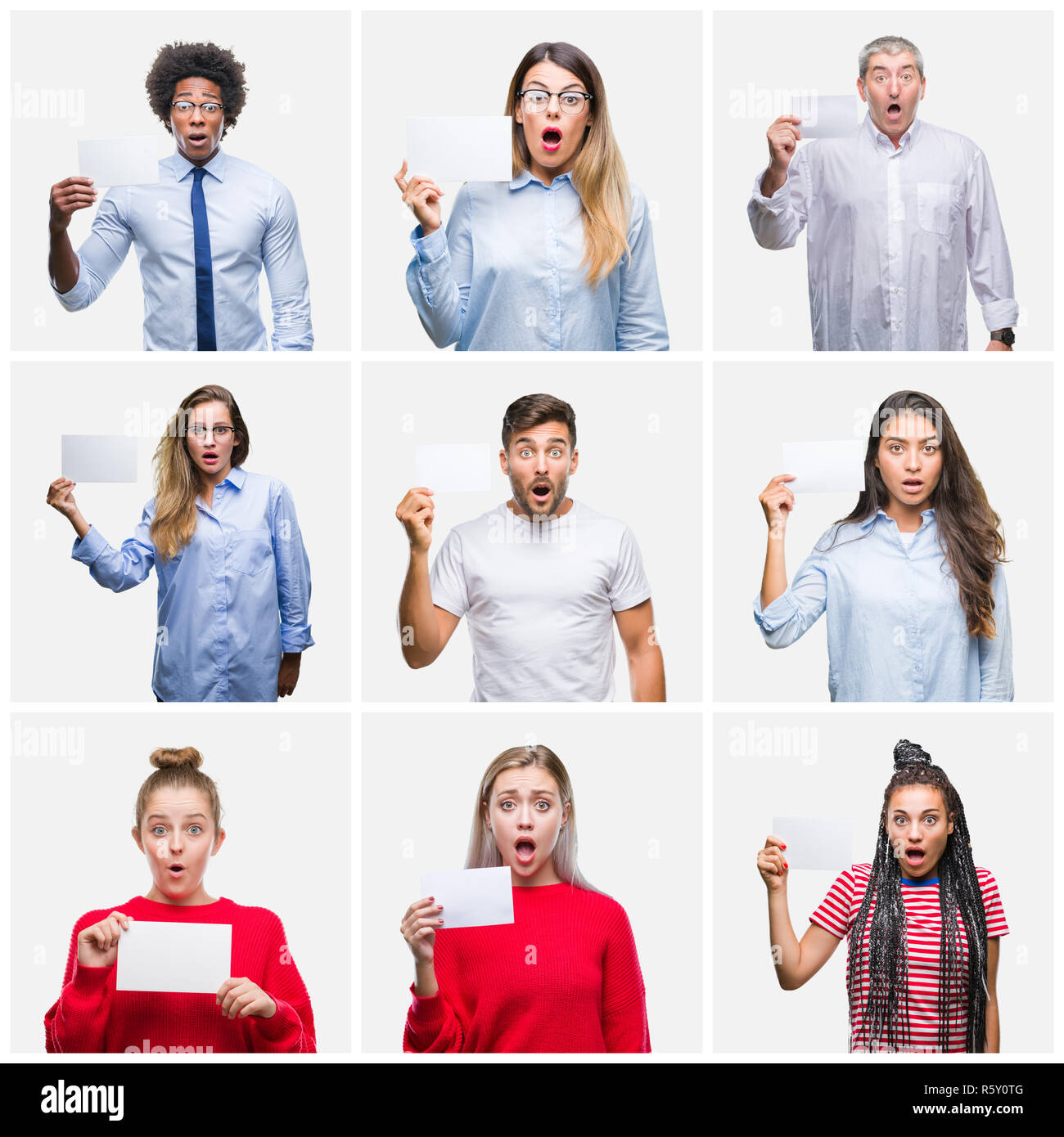 Collage of group of people holding blank visit card over isolated ...