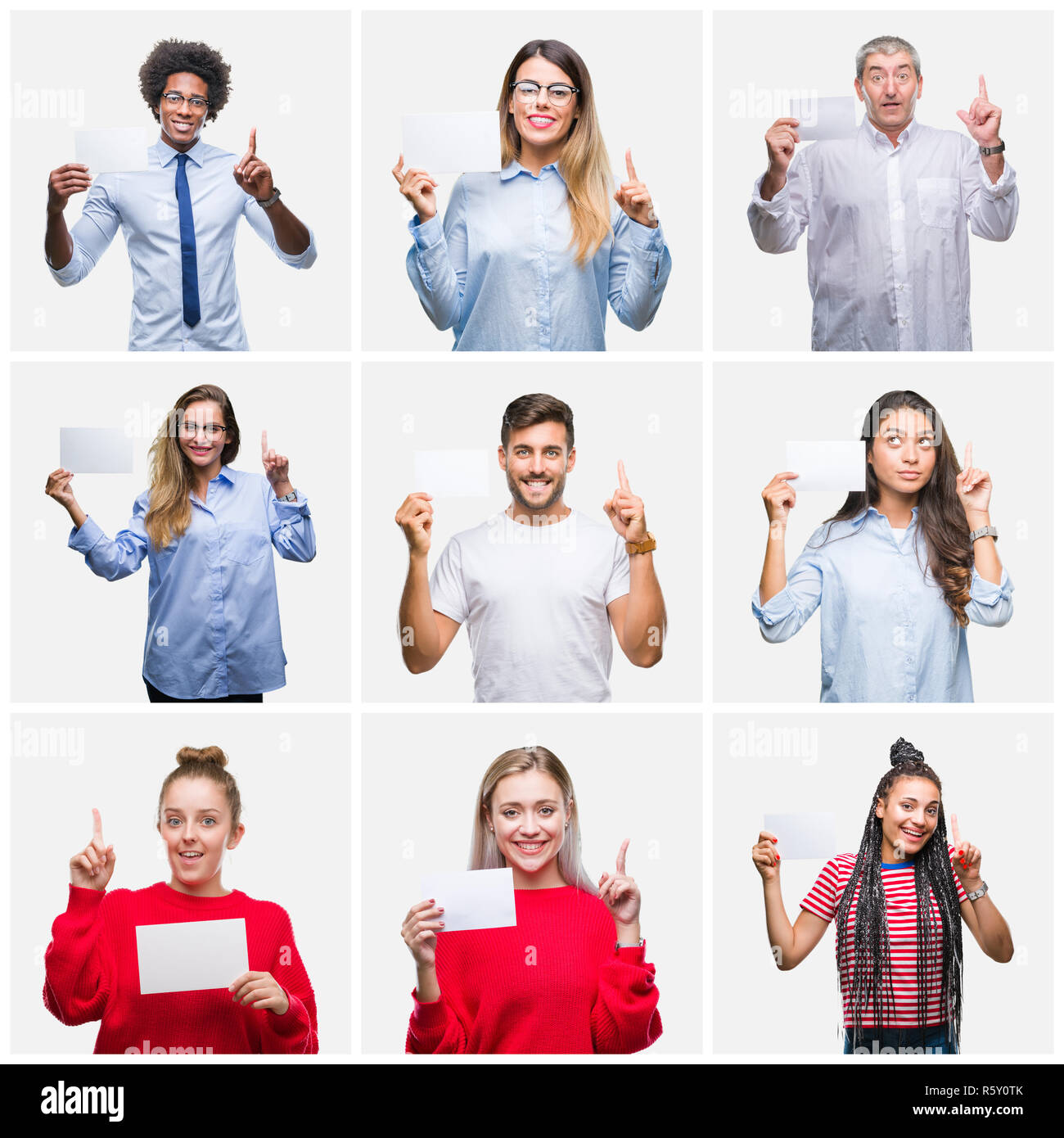 Collage of group of people holding blank visit card over isolated ...