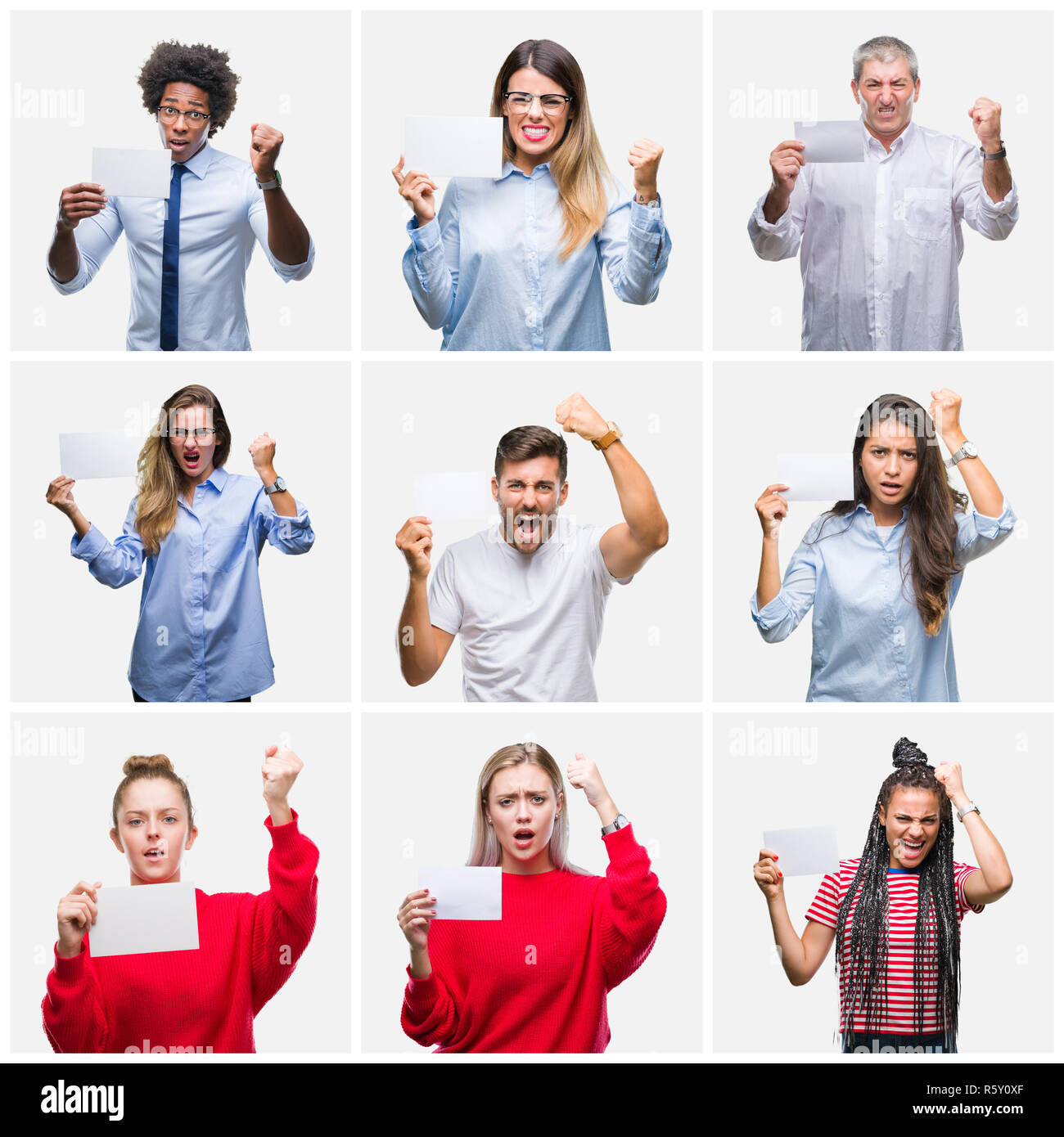 Collage of group of people holding blank visit card over isolated ...