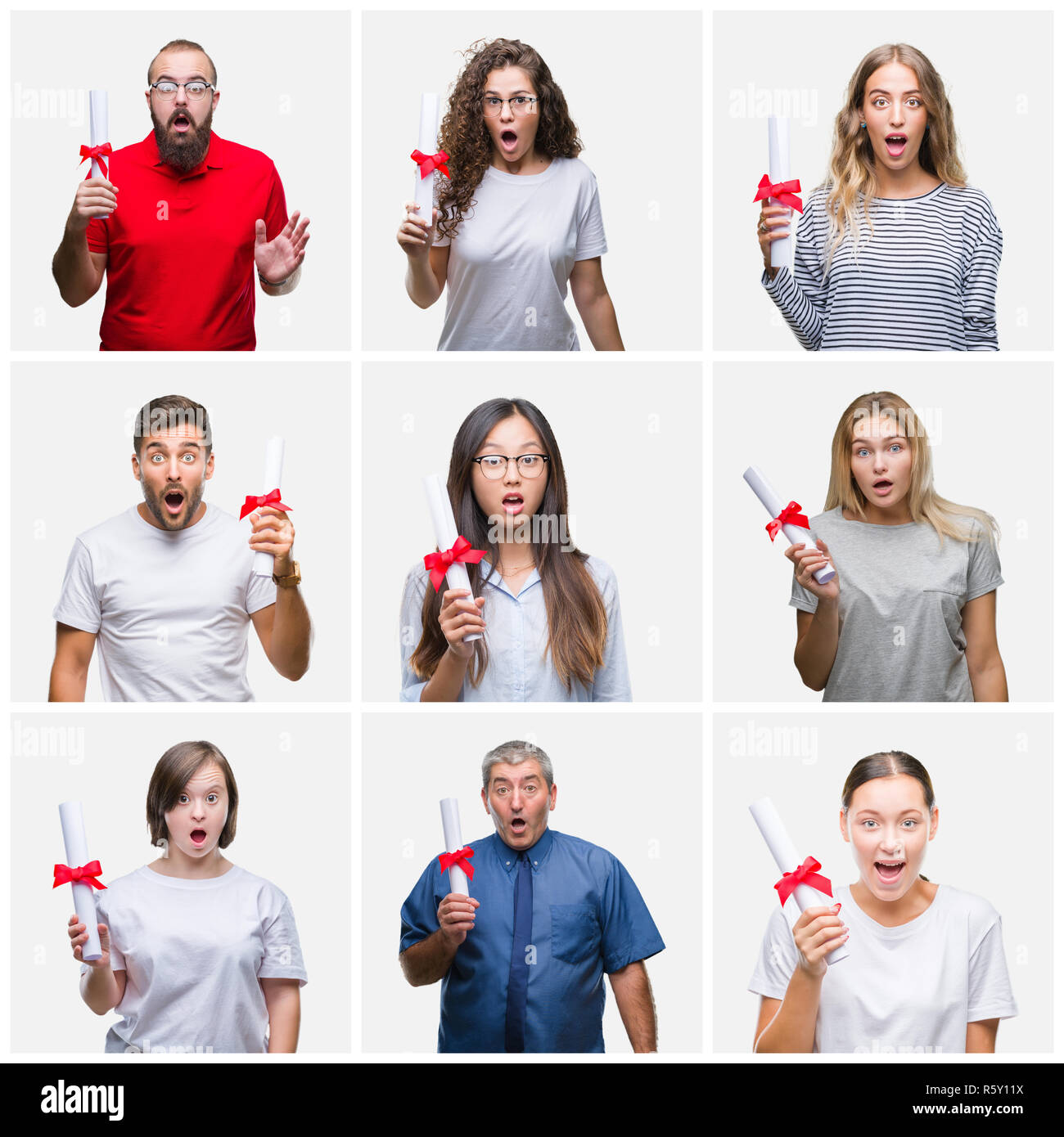 Collage of group of people holding degree colorful isolated background ...