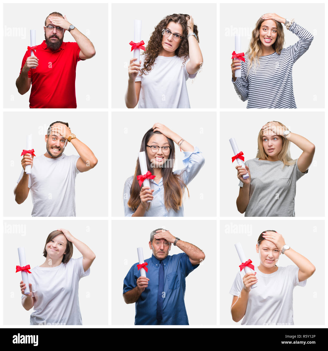 Collage of group of people holding degree colorful isolated background ...