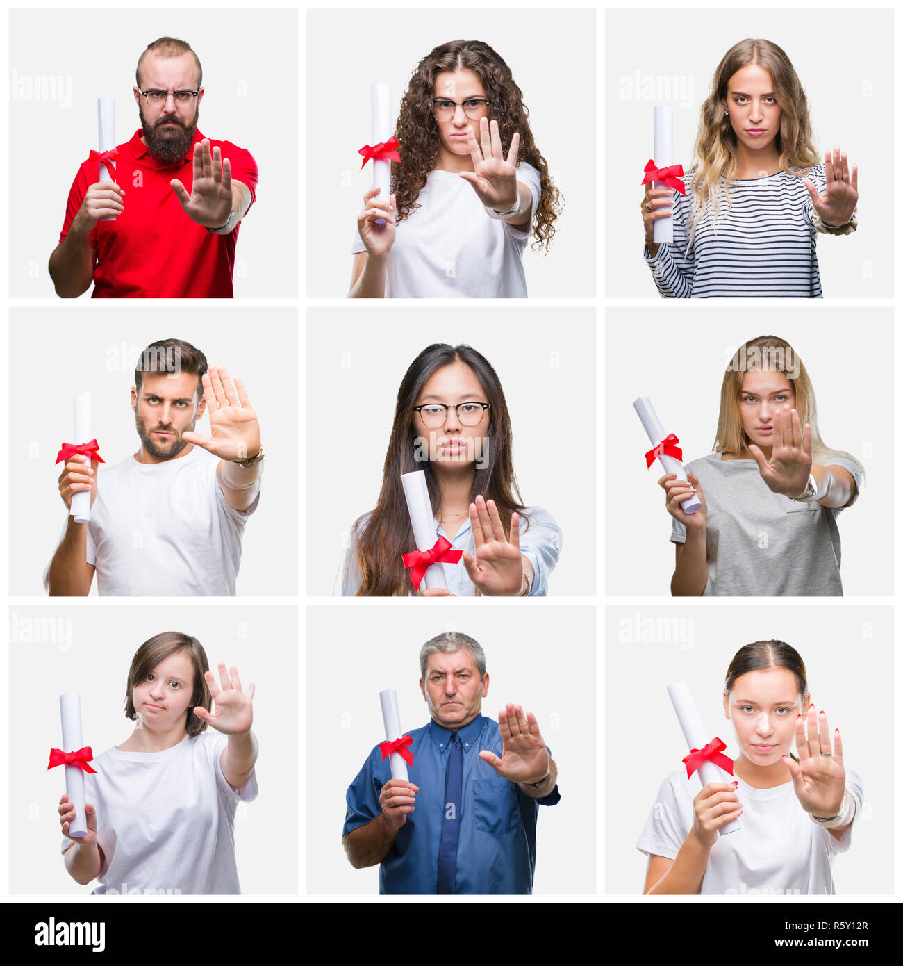 Collage of group of people holding degree colorful isolated background ...