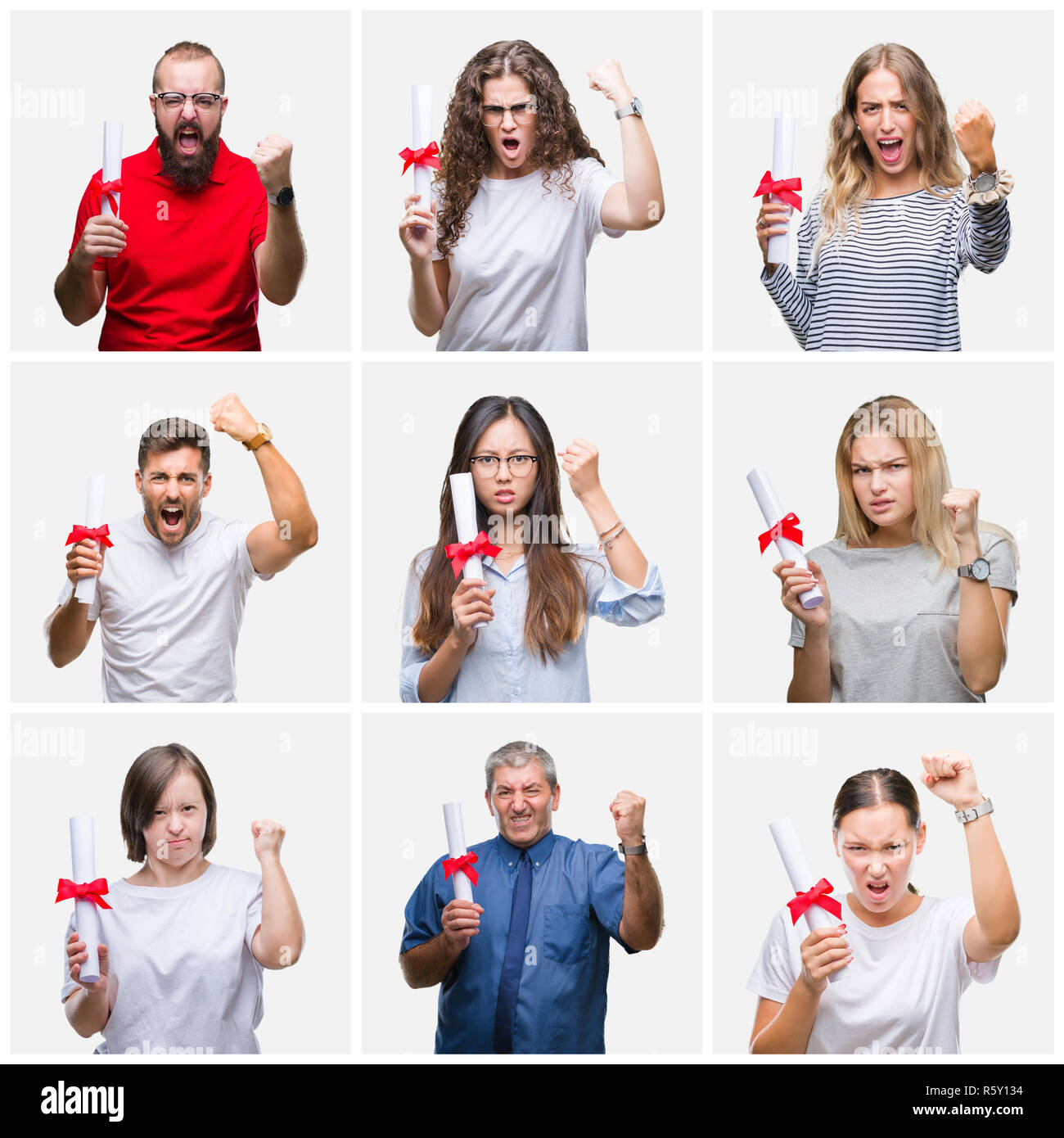 Collage of group of people holding degree colorful isolated background ...