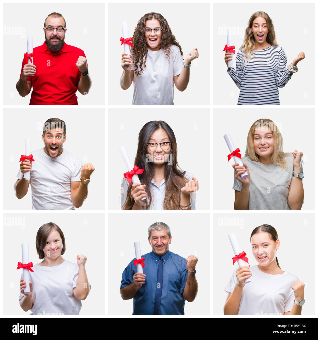 Collage of group of people holding degree colorful isolated background ...