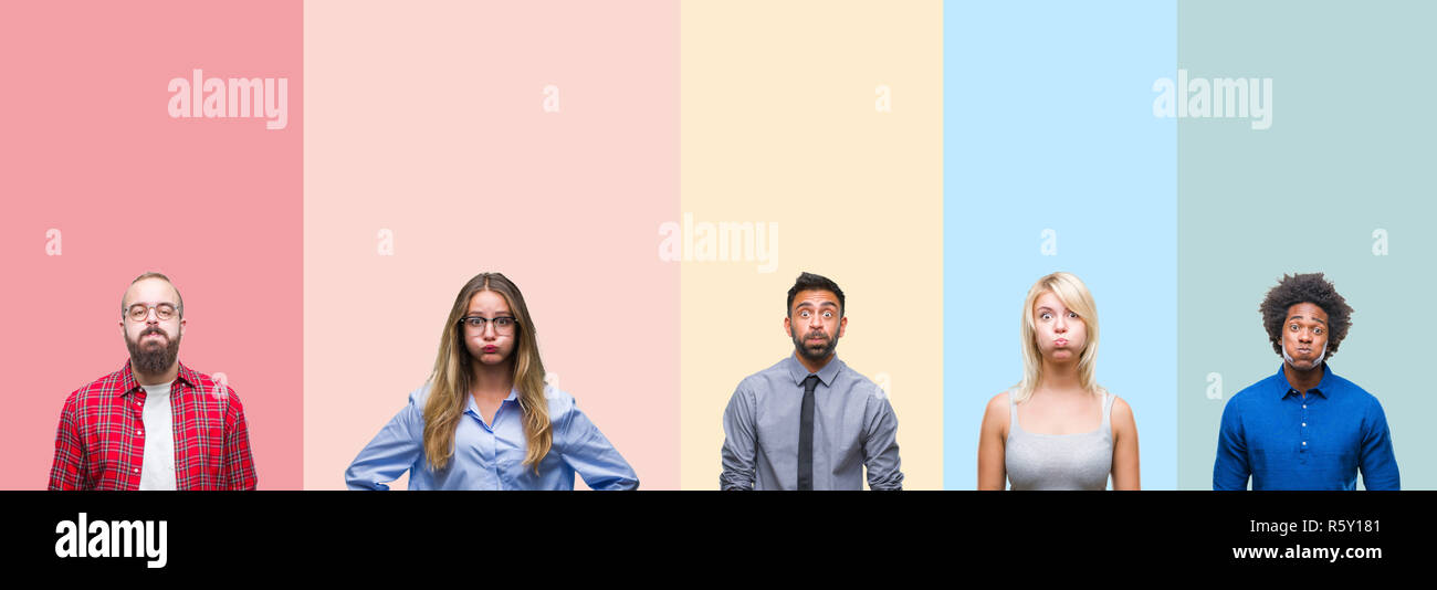 Collage of different ethnics young people over colorful stripes ...