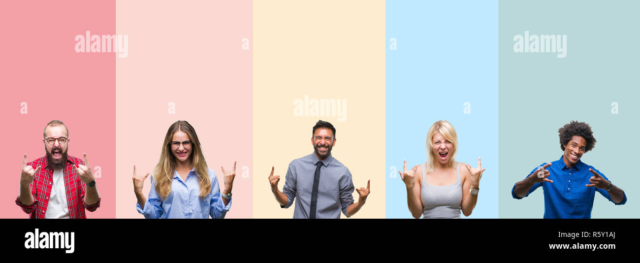 Collage of different ethnics young people over colorful stripes ...