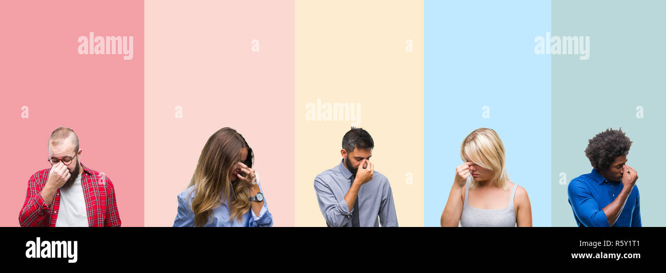 Collage of different ethnics young people over colorful stripes ...