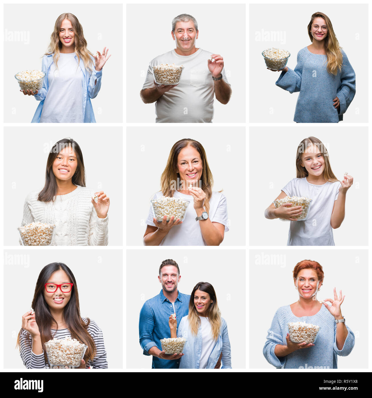 Collage of group of people eating popcorn over isolated background with ...