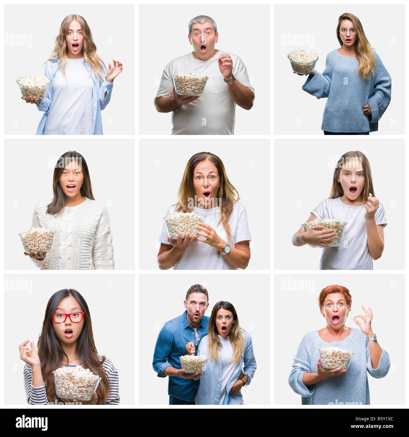 Collage of group of people eating popcorn over isolated background ...
