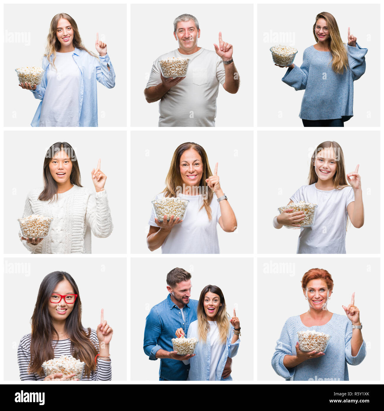 Collage of group of people eating popcorn over isolated background ...