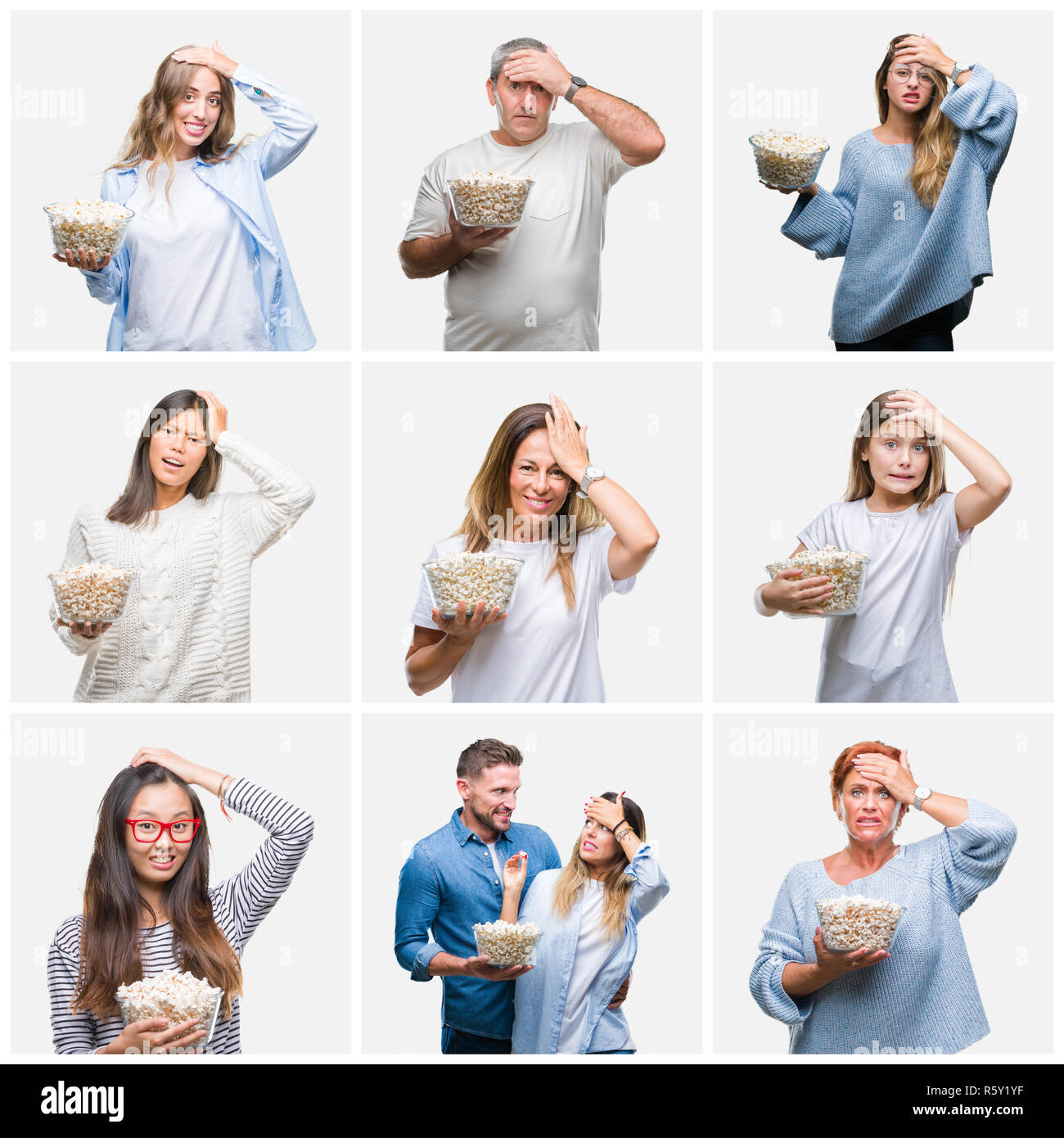 Collage of group of people eating popcorn over isolated background ...