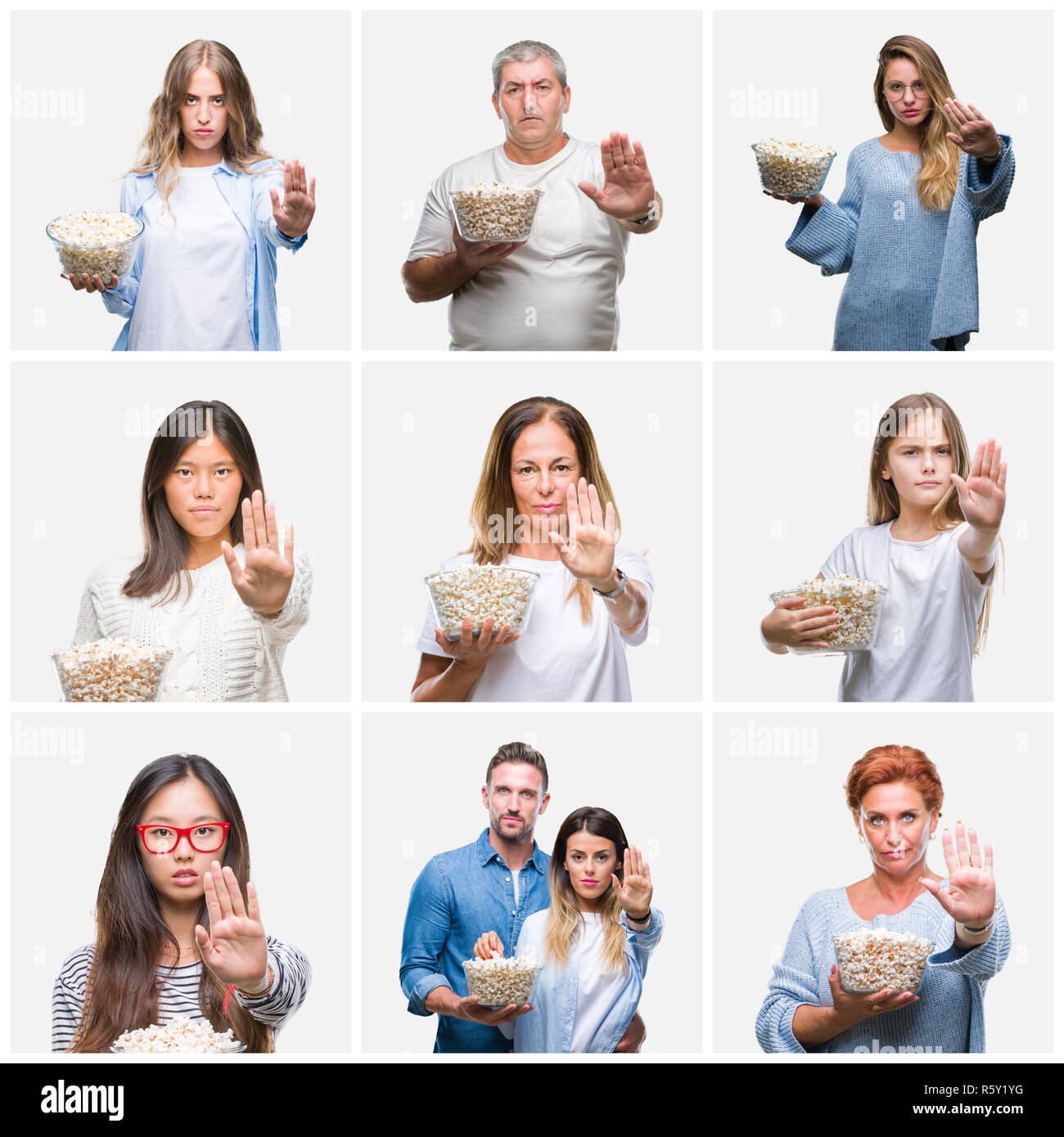 Collage of group of people eating popcorn over isolated background with ...