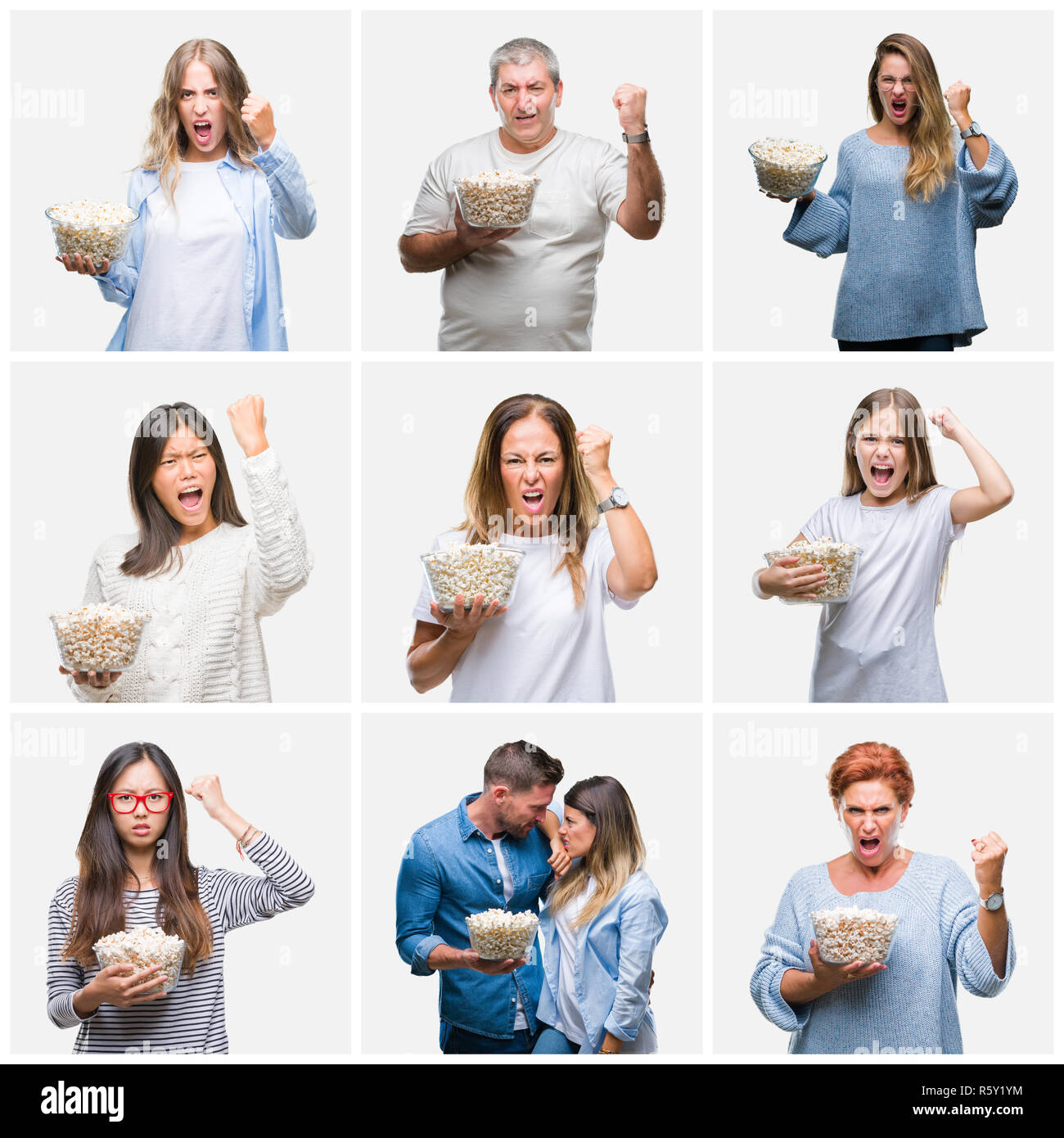 Collage of group of people eating popcorn over isolated background ...