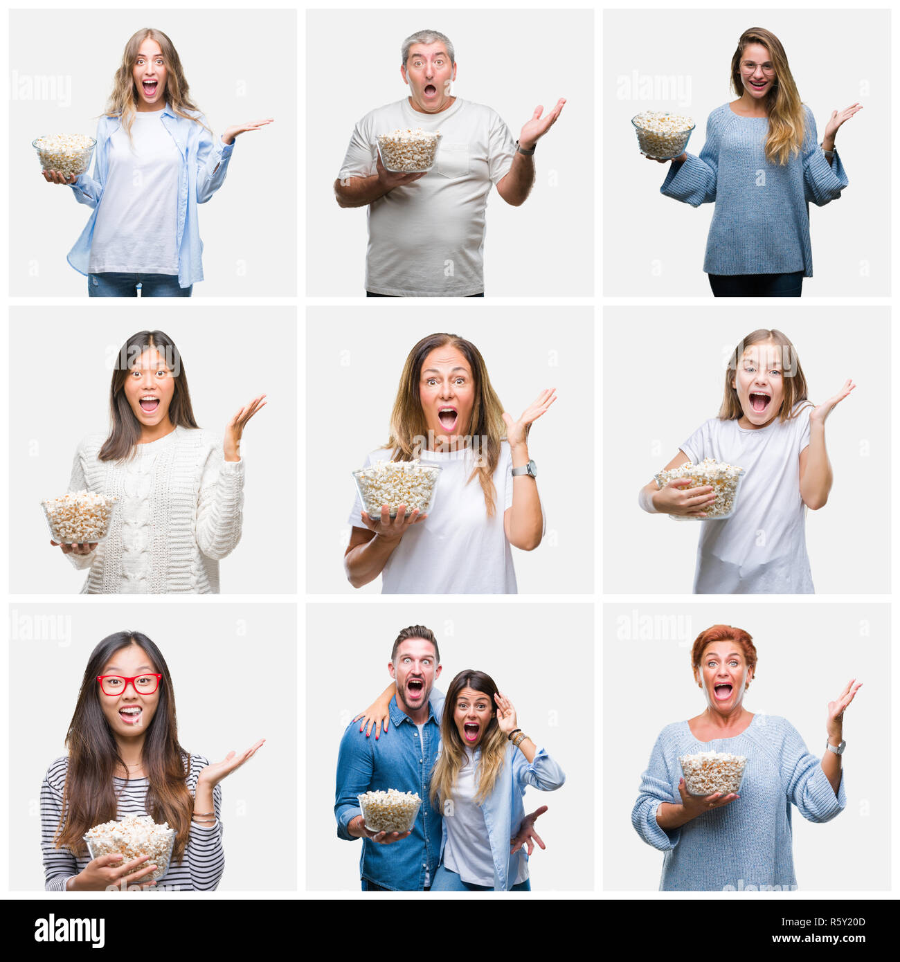 Collage of group of people eating popcorn over isolated background very ...
