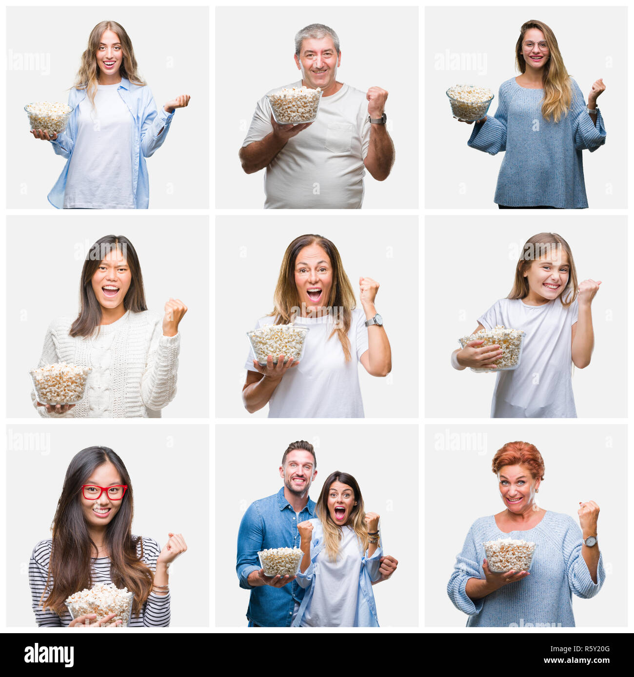 Collage of group of people eating popcorn over isolated background ...