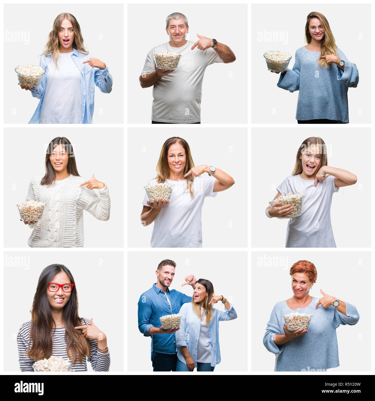 Collage of group of people eating popcorn over isolated background with ...