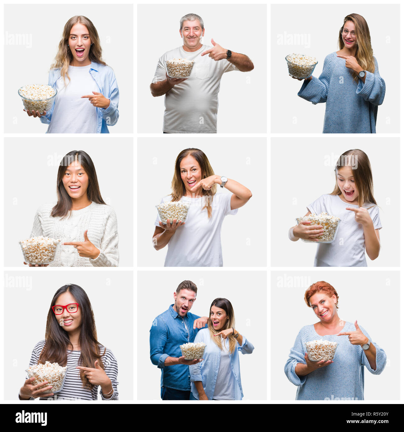 Collage of group of people eating popcorn over isolated background very ...