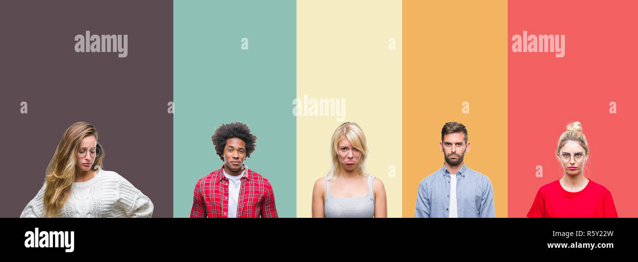 Collage of group of young people over colorful vintage isolated ...