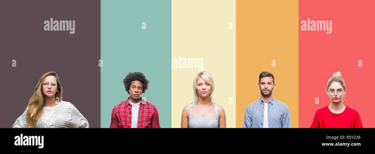 Collage of group of young people over colorful vintage isolated ...