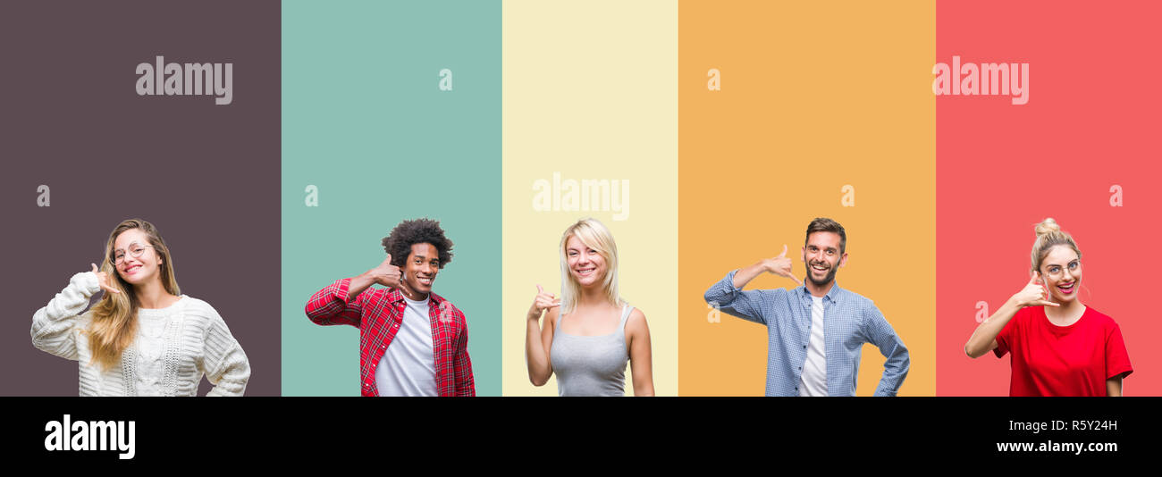 Collage of group of young people over colorful vintage isolated ...