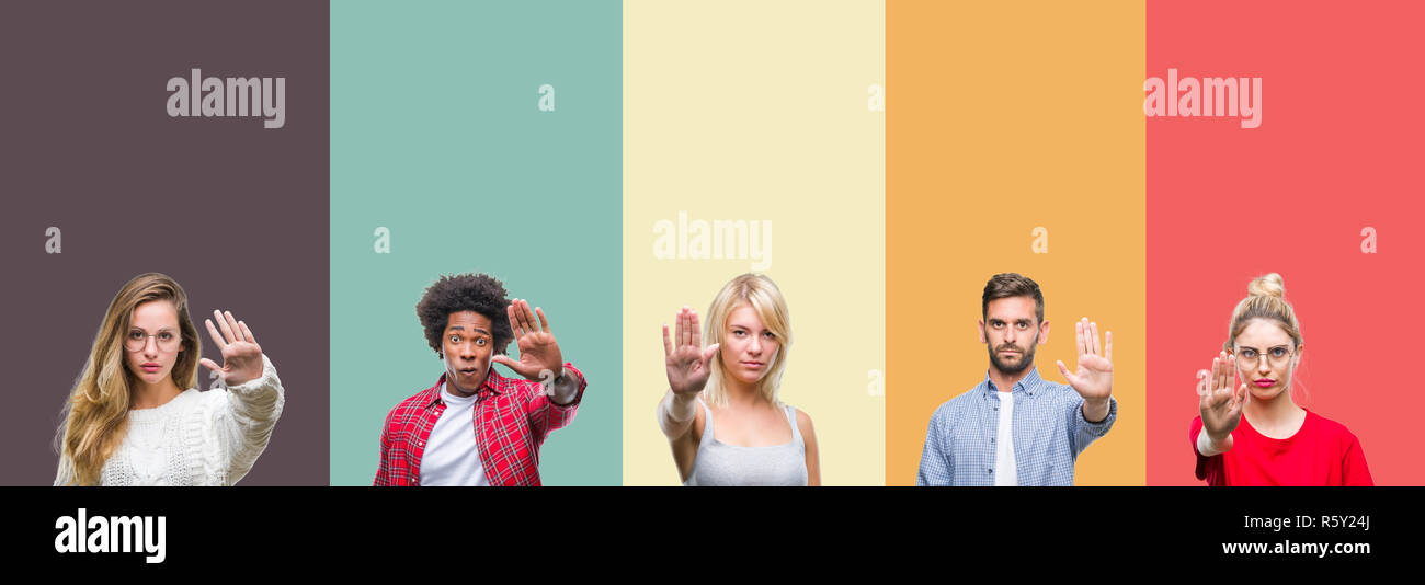 Collage of group of young people over colorful vintage isolated ...