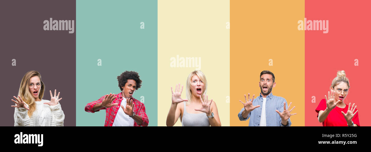 Collage of group of young people over colorful vintage isolated ...