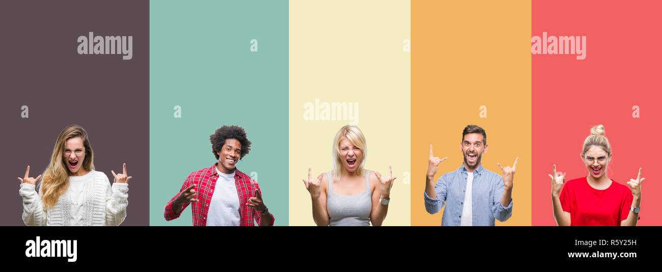 Collage of group of young people over colorful vintage isolated ...
