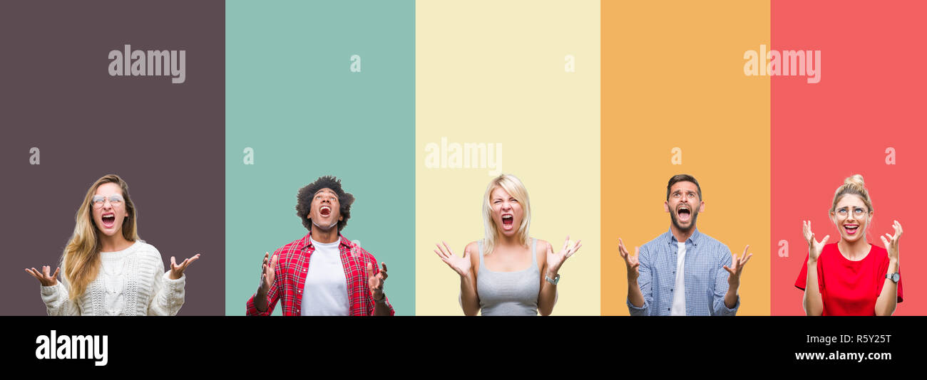 Collage of group of young people over colorful vintage isolated ...