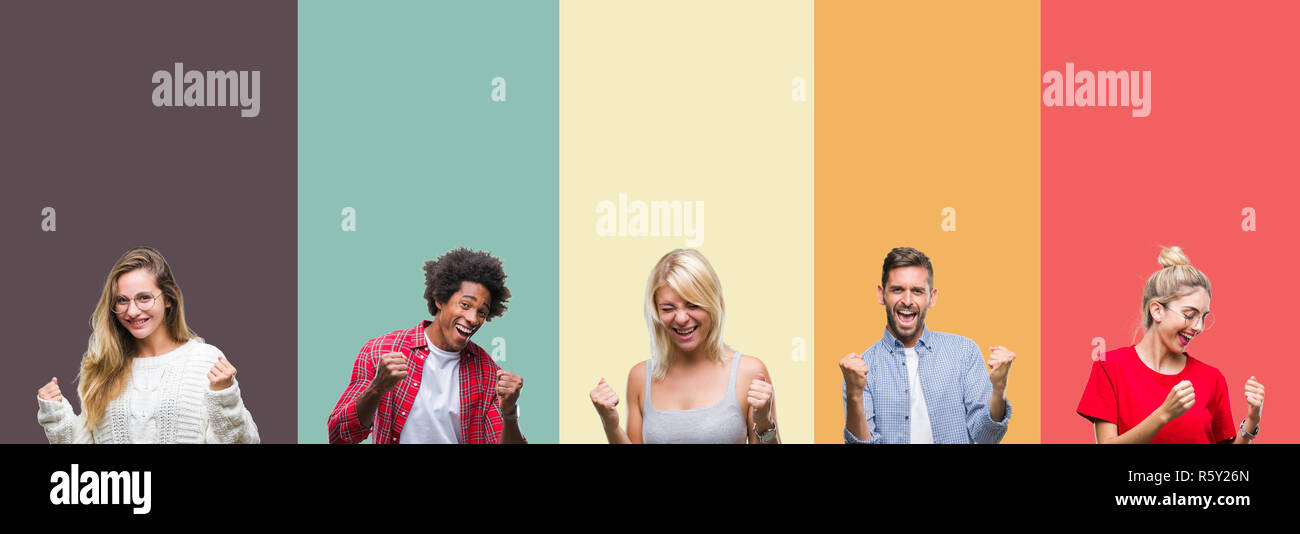 Collage of group of young people over colorful vintage isolated ...