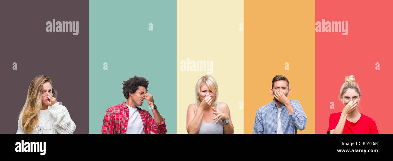 Collage of group of young people over colorful vintage isolated ...