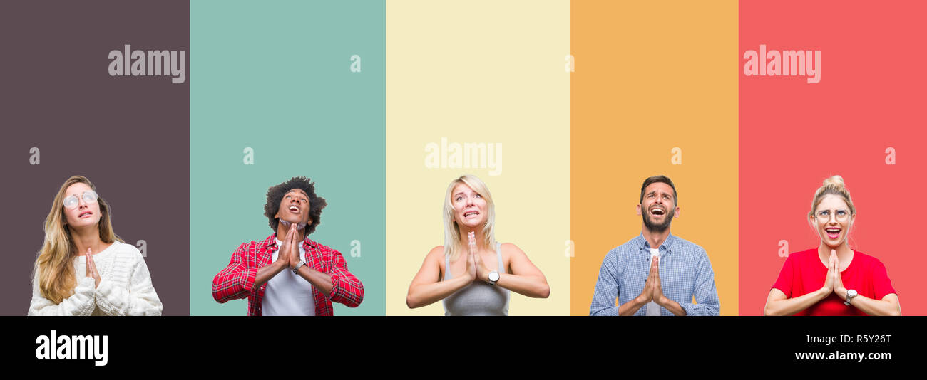 Collage of group of young people over colorful vintage isolated ...