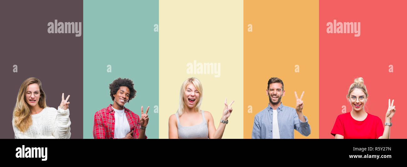 Collage of group of young people over colorful vintage isolated ...