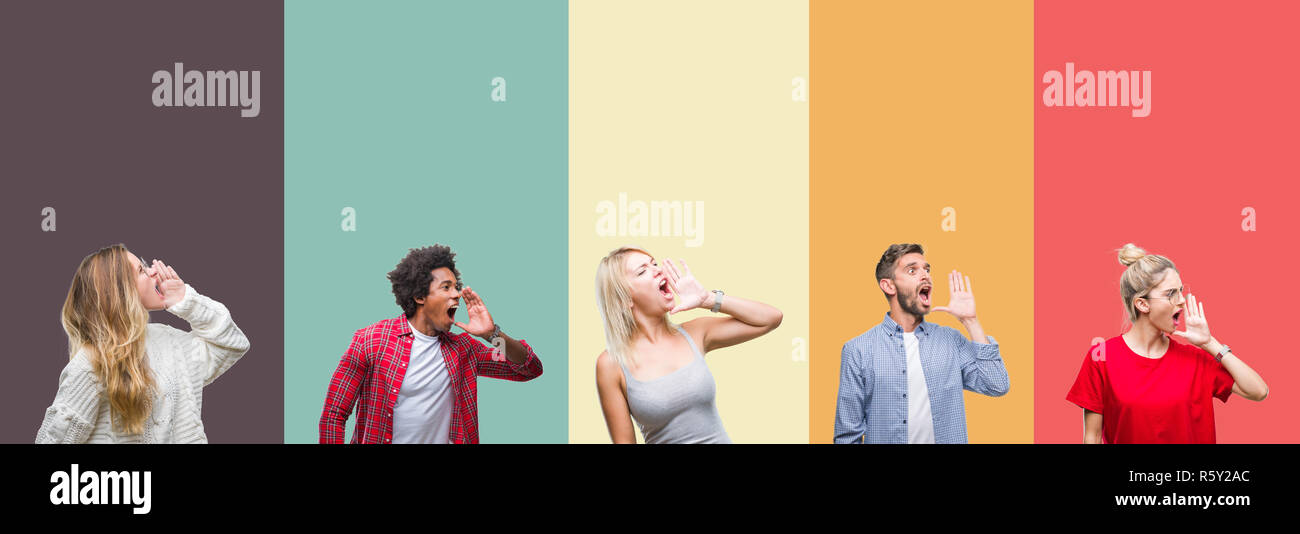 Collage of group of young people over colorful vintage isolated ...