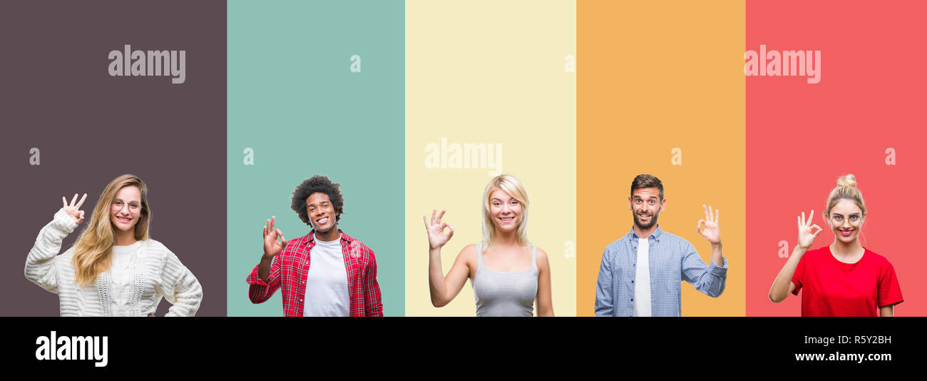 Collage of group of young people over colorful vintage isolated ...