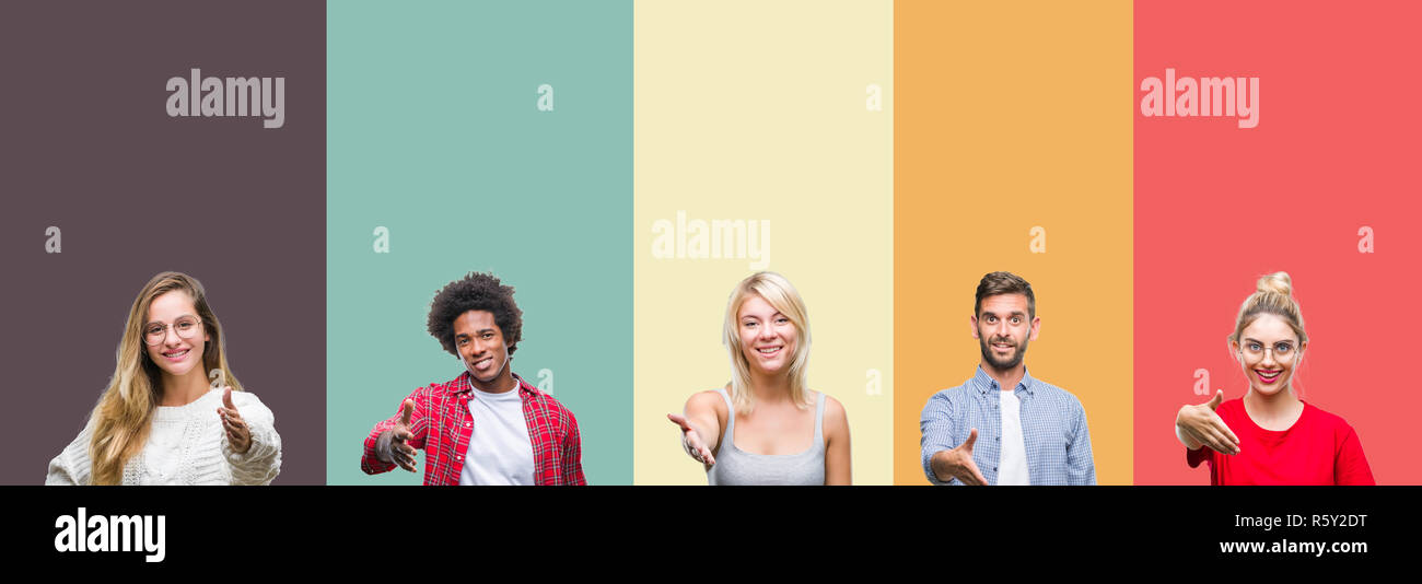Collage of group of young people over colorful vintage isolated ...