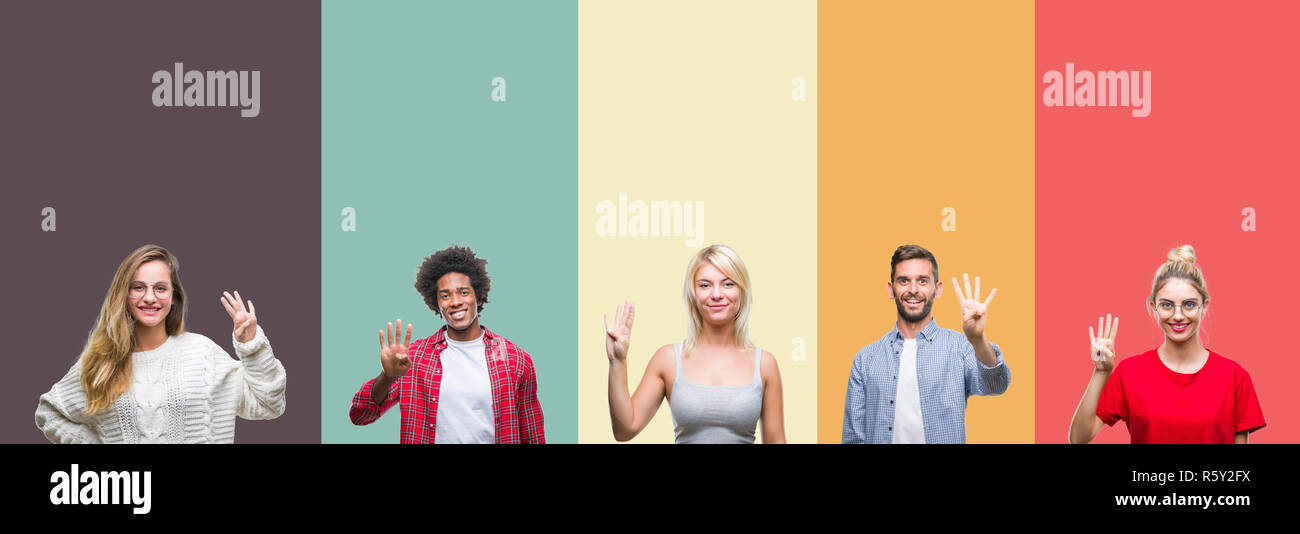 Collage of group of young people over colorful vintage isolated ...