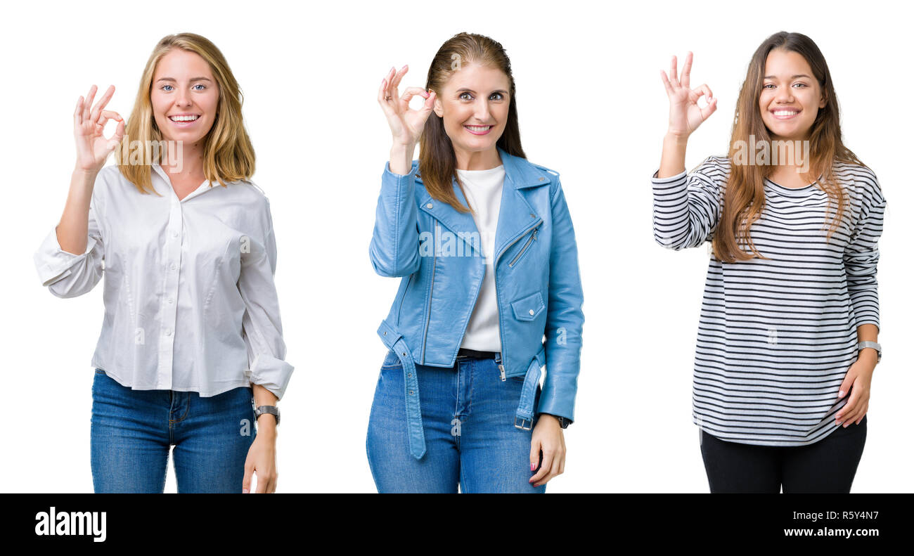 Collage of group of three beautiful women over white isolated ...
