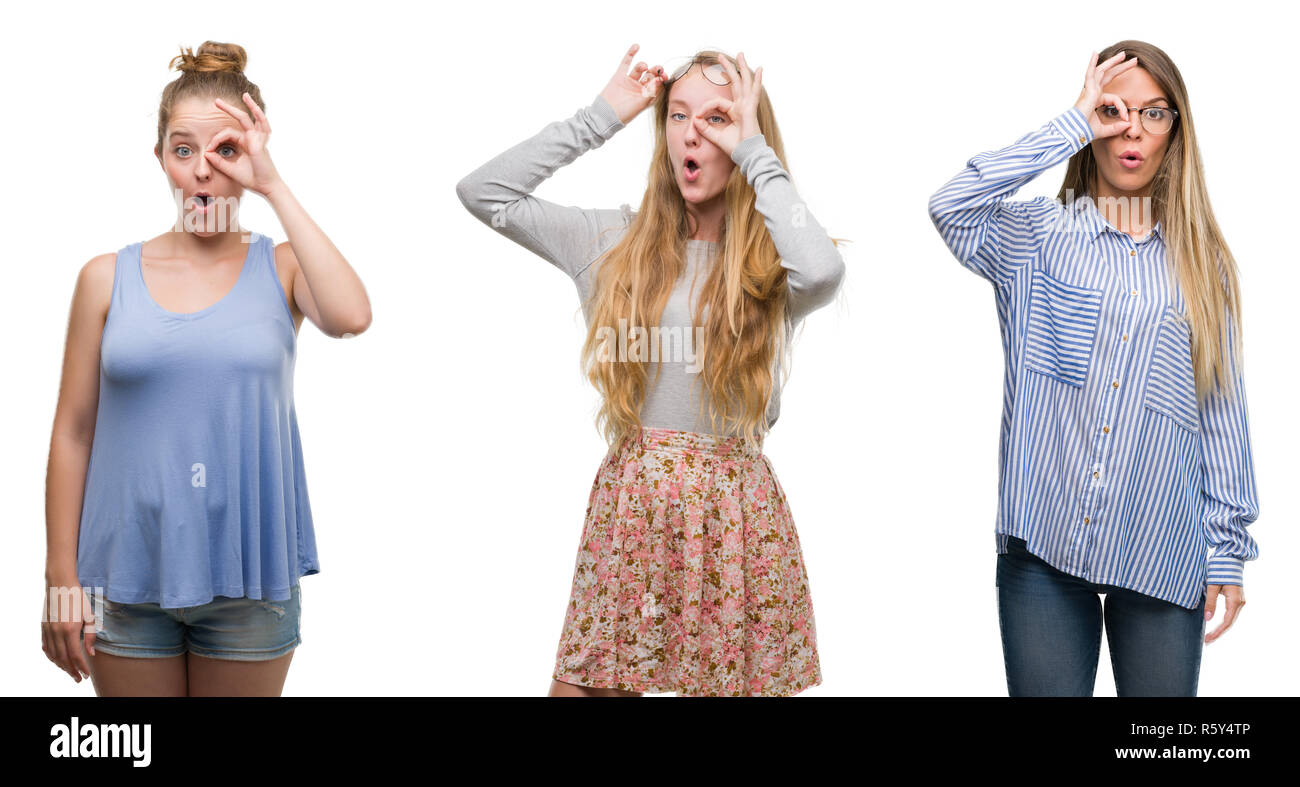 Collage of group of blonde women over isolated background doing ok ...