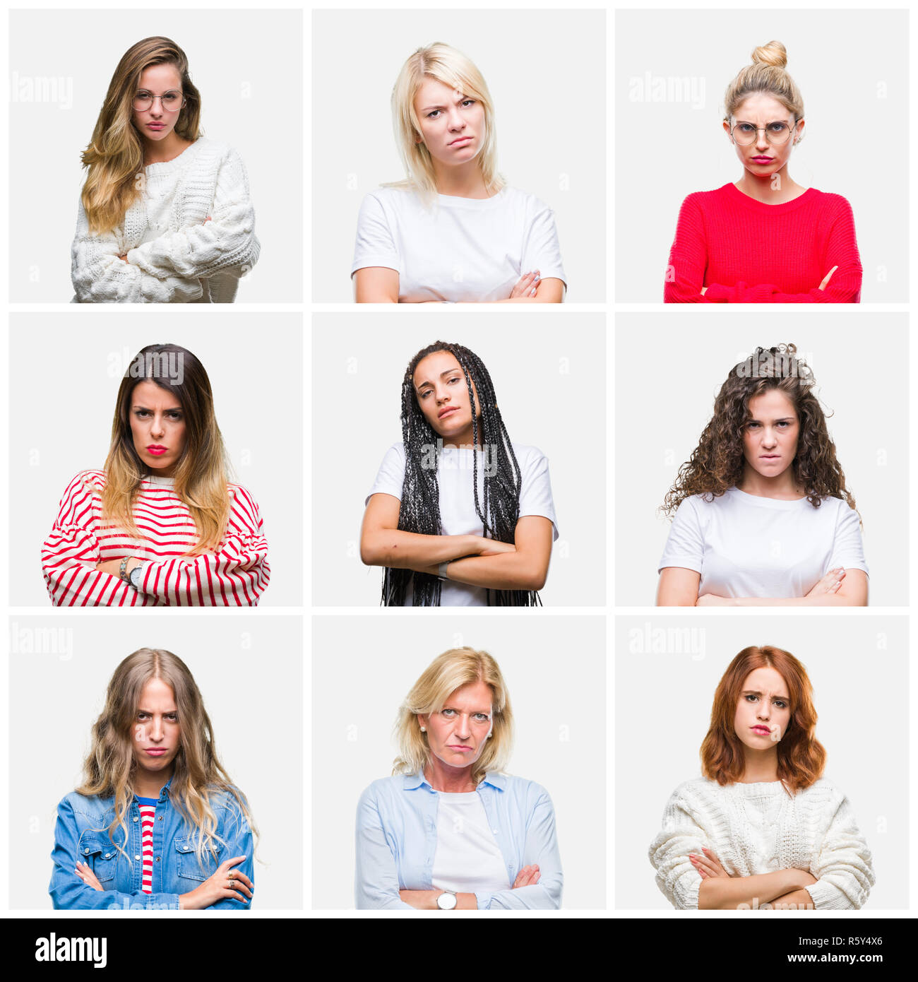 Collage of group of young and senior women over isolated background ...