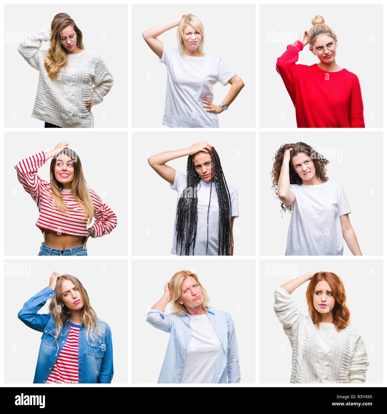 Collage of group of young and senior women over isolated background ...