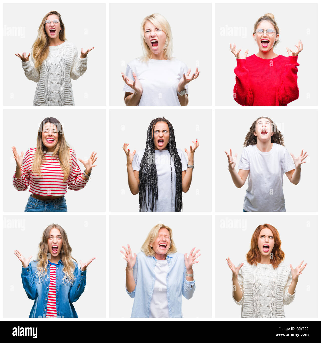 Collage of group of young and senior women over isolated background ...