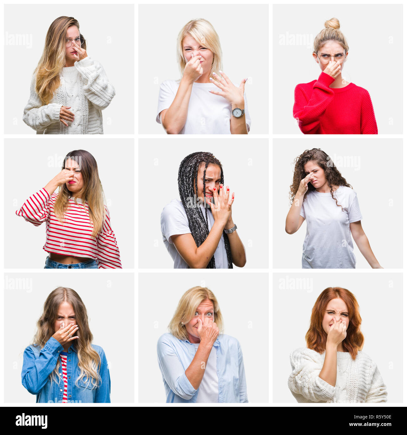 Collage of group of young and senior women over isolated background ...
