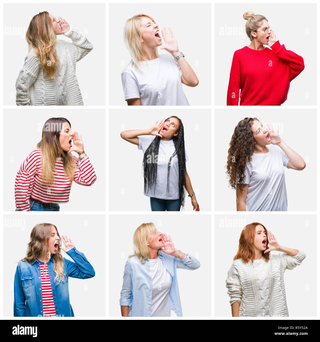 Collage of group of young and senior women over isolated background ...