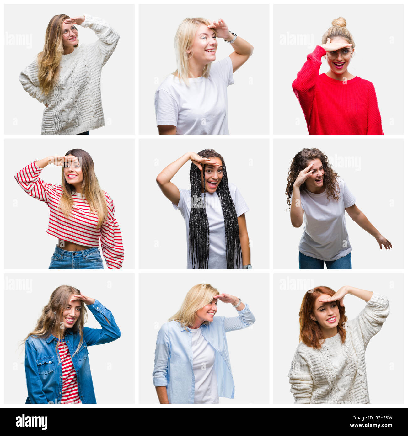Collage of group of young and senior women over isolated background ...