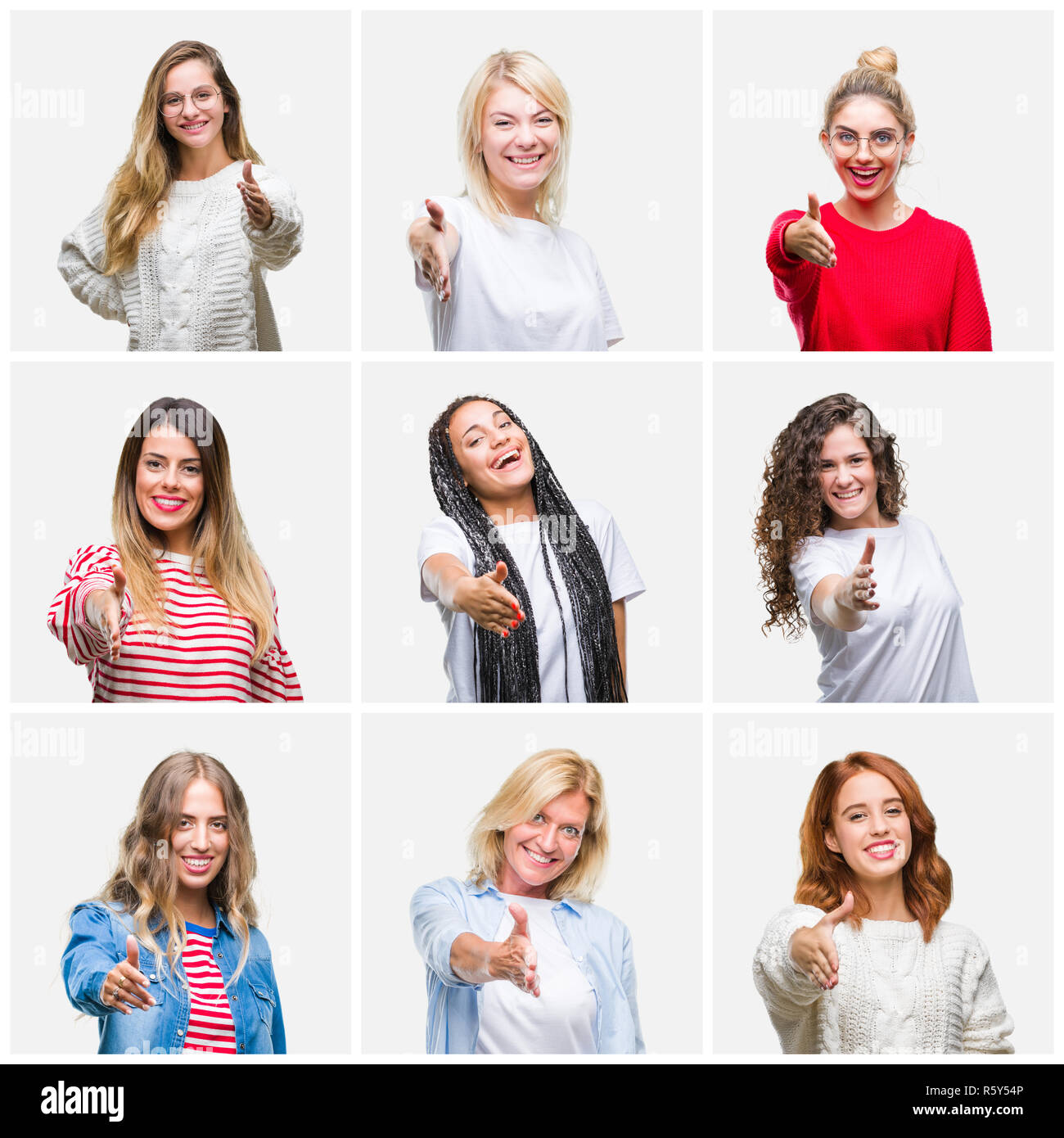 Collage of group of young and senior women over isolated background ...