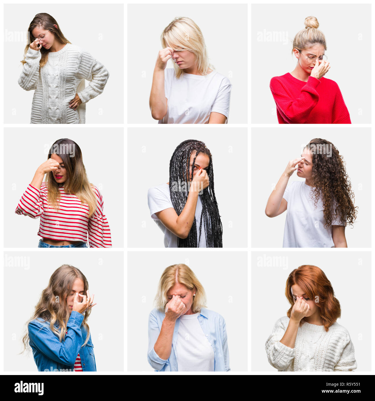 Collage of group of young and senior women over isolated background ...