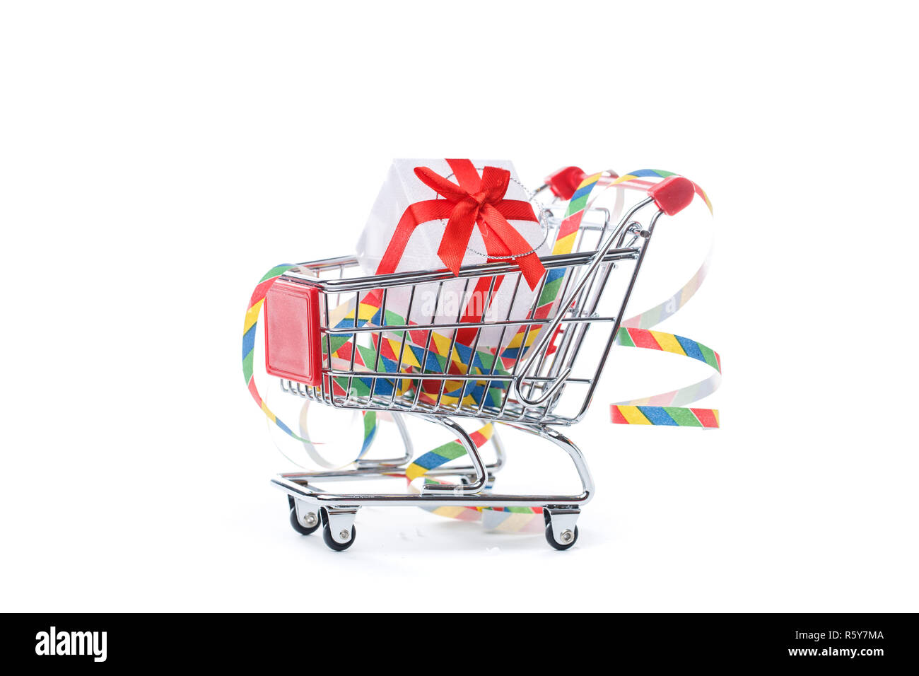 Photo of iron cart with box with gift, ribbons Stock Photo - Alamy