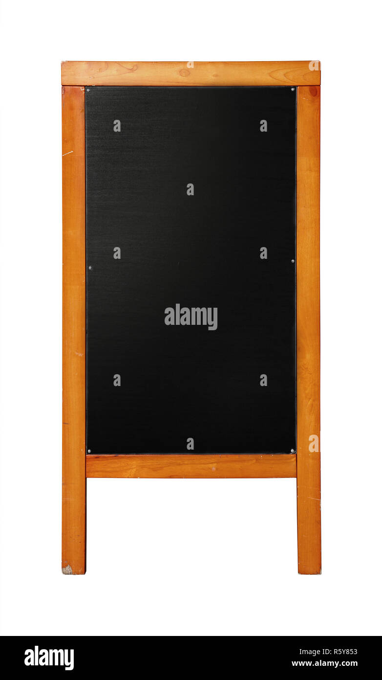 Black standing chalkboard menu in wooden frame Stock Photo - Alamy