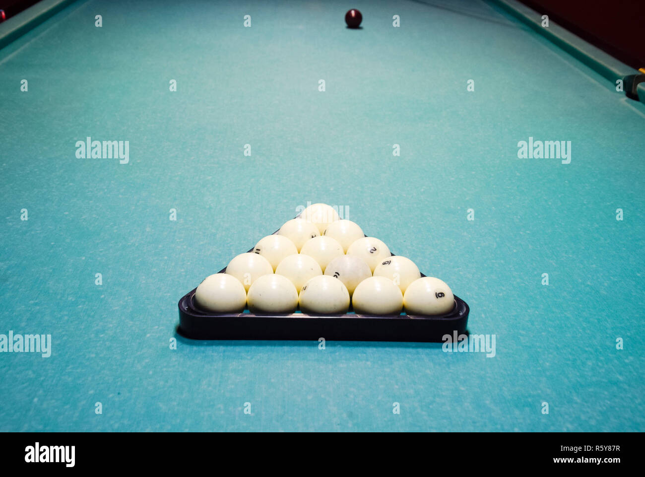 Billiards, billiard table, balls in the triangle. Construction o Stock ...