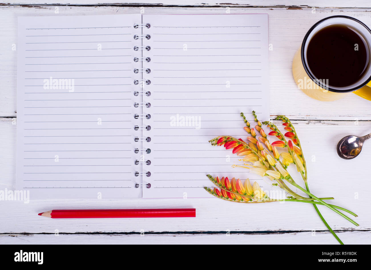 open notepad in a line with a red pencil Stock Photo - Alamy